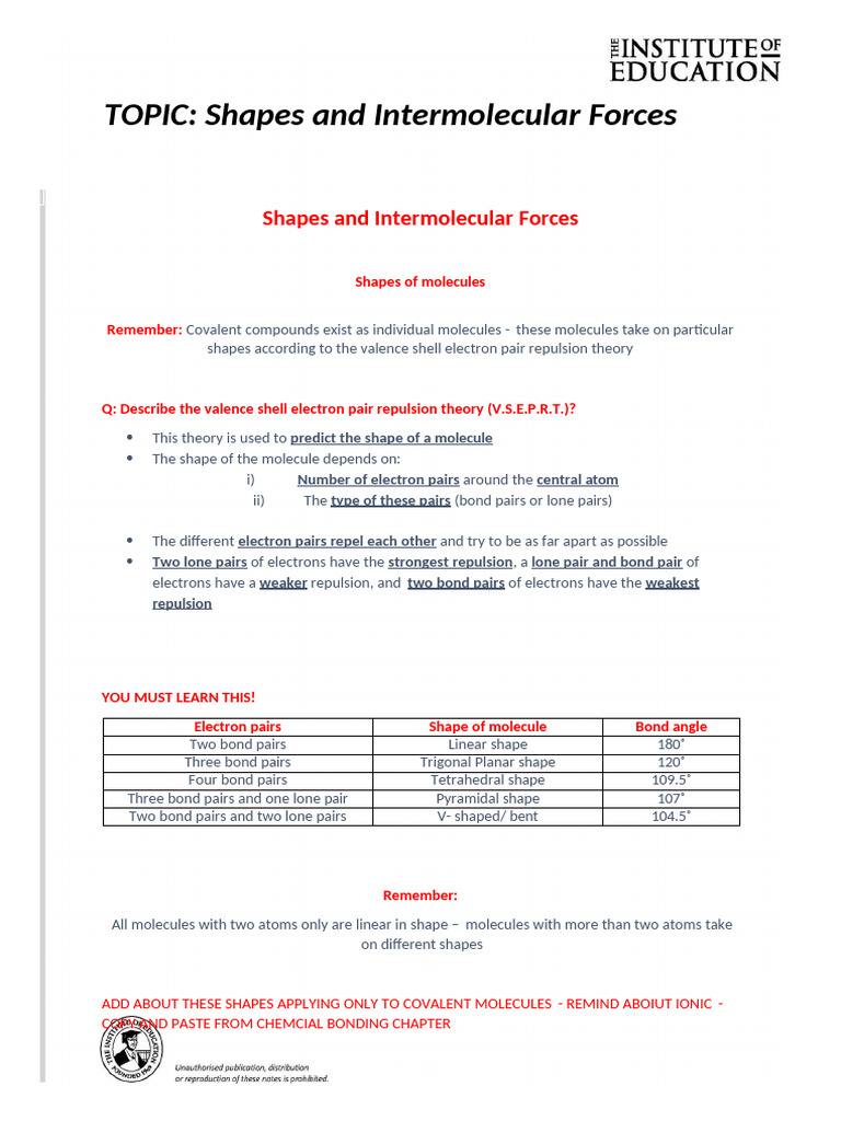 S 2.2 Shapes-and-Intermolecular-Forces WS Jan 15 | PDF | Chemical ...