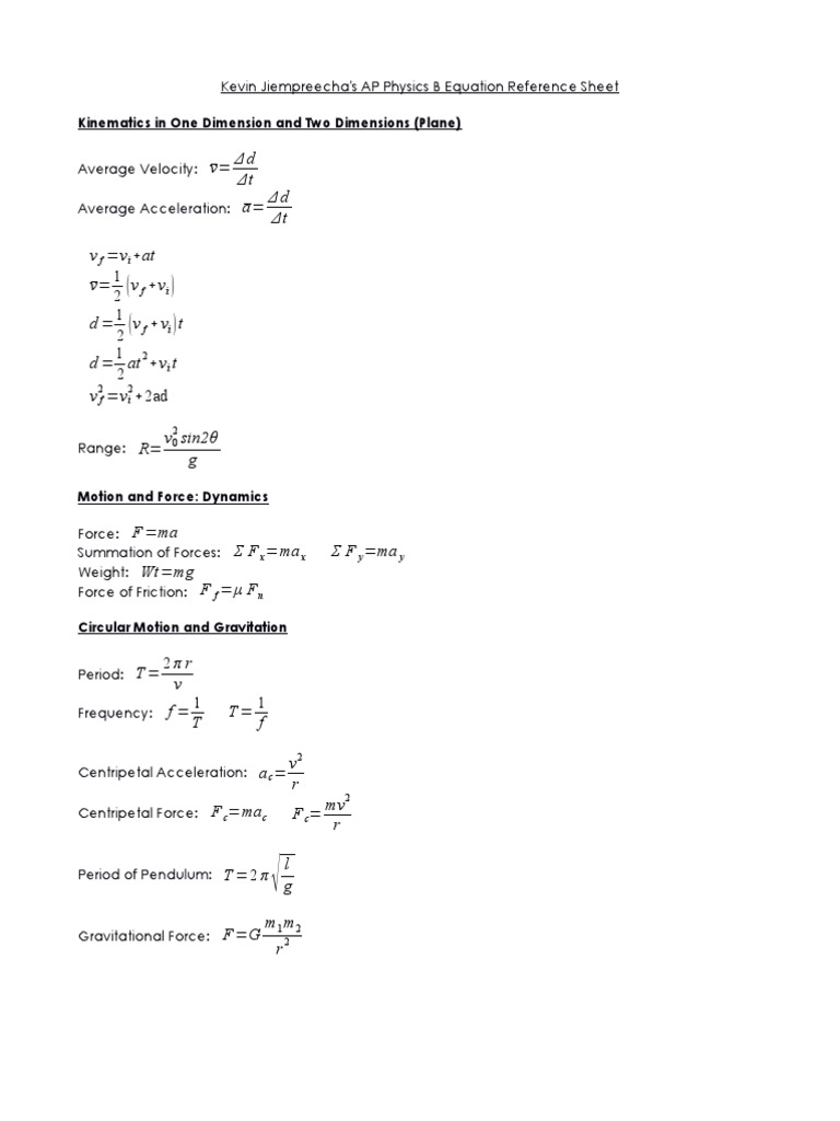 AP Physics B Equation Reference Sheet | PDF | Diffraction | Capacitor