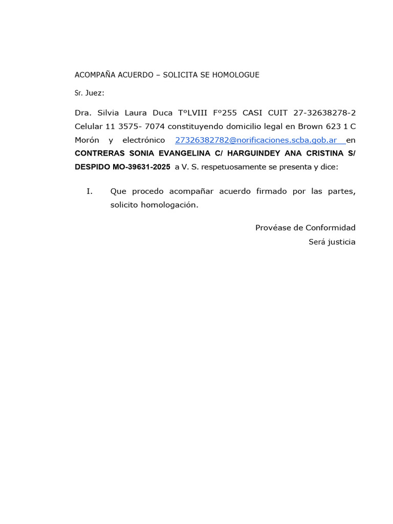 Acompaña Acuerdo – Solicita Se Homologue | PDF
