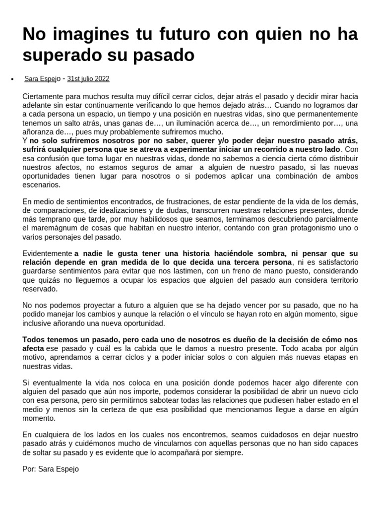 No Imagines Tu Futuro Con Quien No Ha Superado Su Pasado | PDF