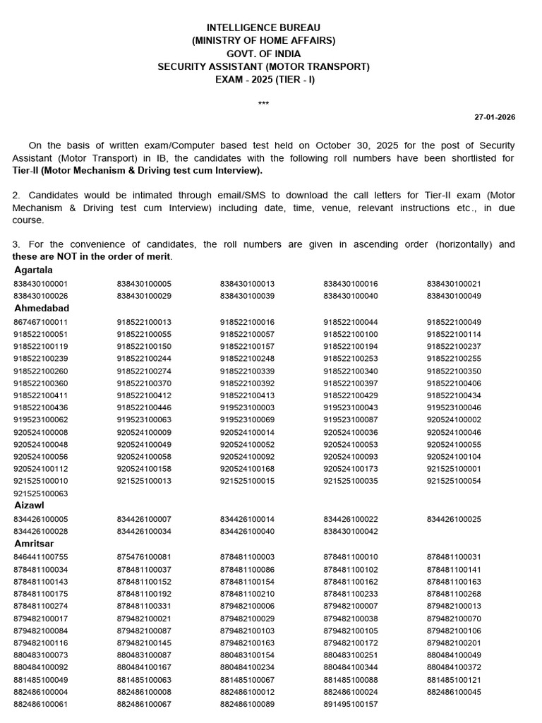 IB Security Assistant MT Result 2026 Tier 1 Exam | PDF | Evaluation ...