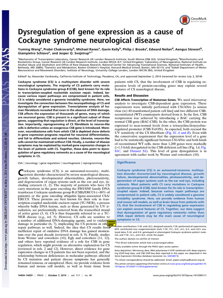 Dysregulation of Gene Expression As A Cause of Cockayne Syndrome ...