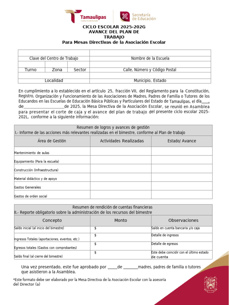 Formato Avance Bimestral Plan de Trabajo Apf 2025 2026 | PDF
