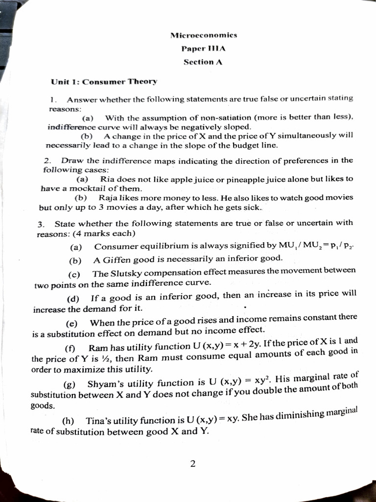 CU MICROECON MODEL PAPER Sem-I TOCB & D | PDF | Utility | Consumer ...