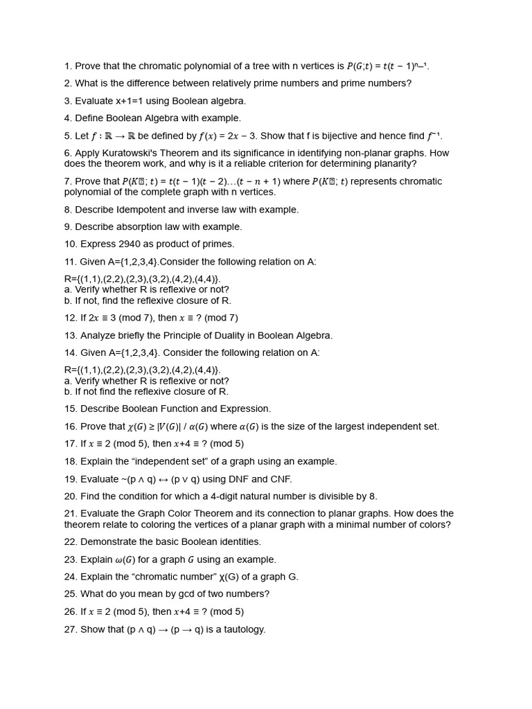 Sample Questions - Discrete Mathematics | PDF | Boolean Algebra ...