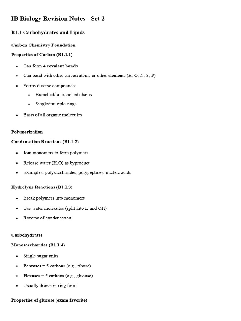 IB Biology Revision Notes - Set 2 - Carbohydrates, Lipids & Proteins ...