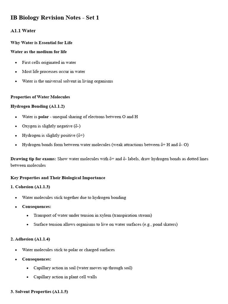 IB Biology Revision Notes - Set 1 - Water & Nucleic Acids | PDF | Dna ...
