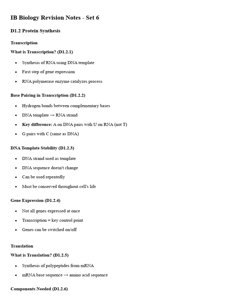 IB Biology Revision Notes - Set 6 - Protein Synthesis, Genetics ...