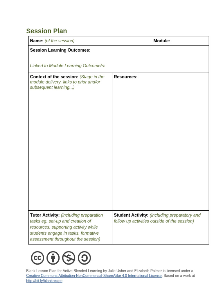 Blank Session Plan Template UON | PDF