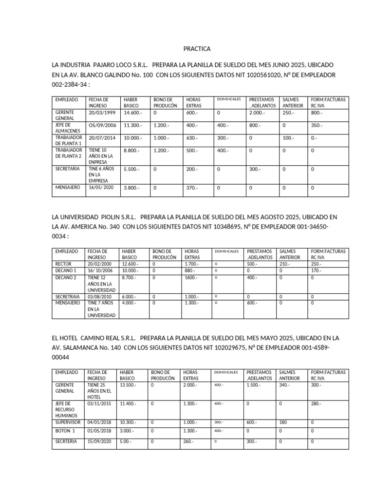 Practicas Planillas de Sueldos y Salarios 2025 | PDF