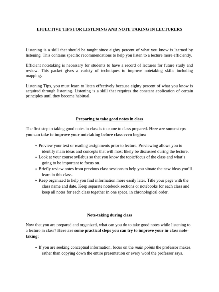 Effective Tips For Listening and Note Taking in Lecturers | PDF ...