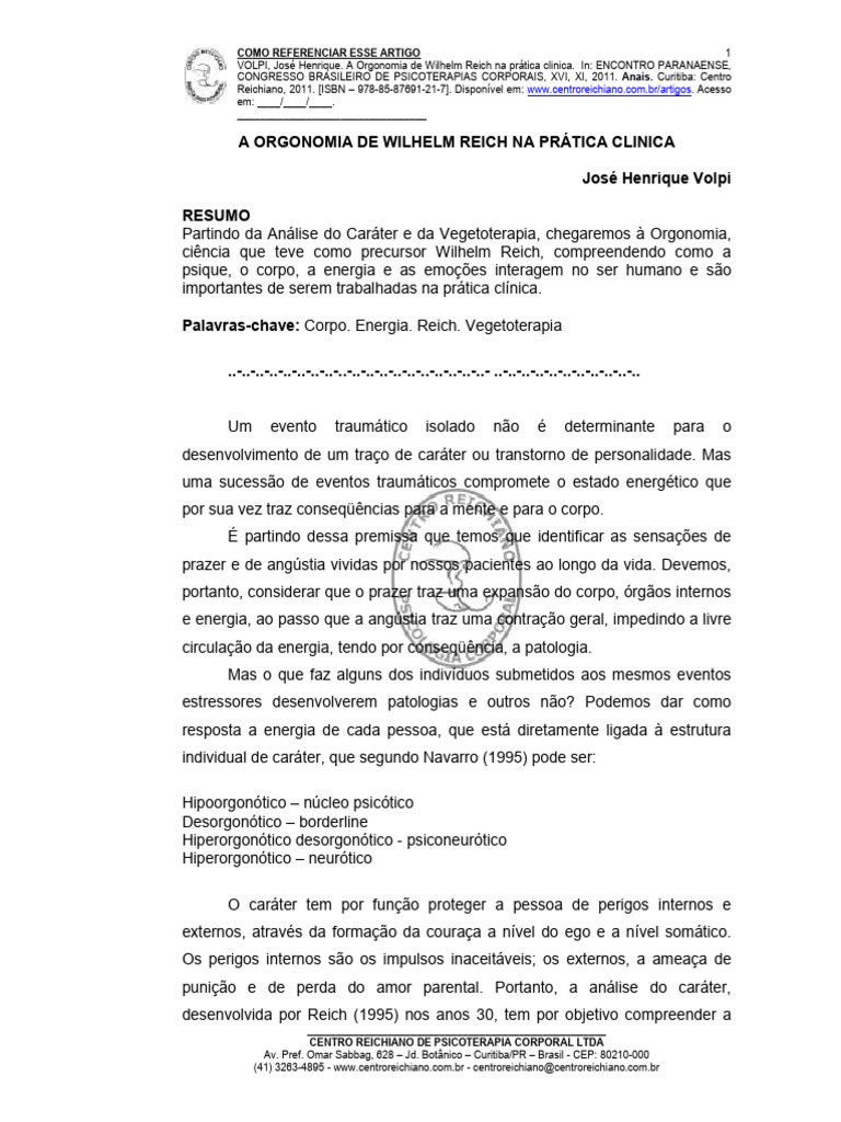 04. Volpi. a Orgonomia de Wilhelm Reich Na Prática Clinica | PDF ...