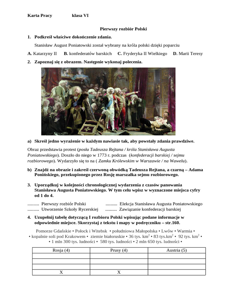 Historia Klasa VI-Pierwszy Rozbior Polski-Karta Pracy | PDF