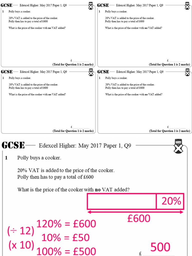 Reverse Percentage Change Non Calculator Higher GCSE Questions Standard ...