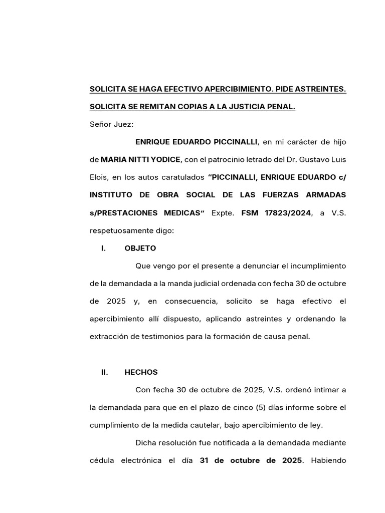 Solicita Se Haga Efectivo Apercibimiento. Pide Astreintes. Solicita Se ...