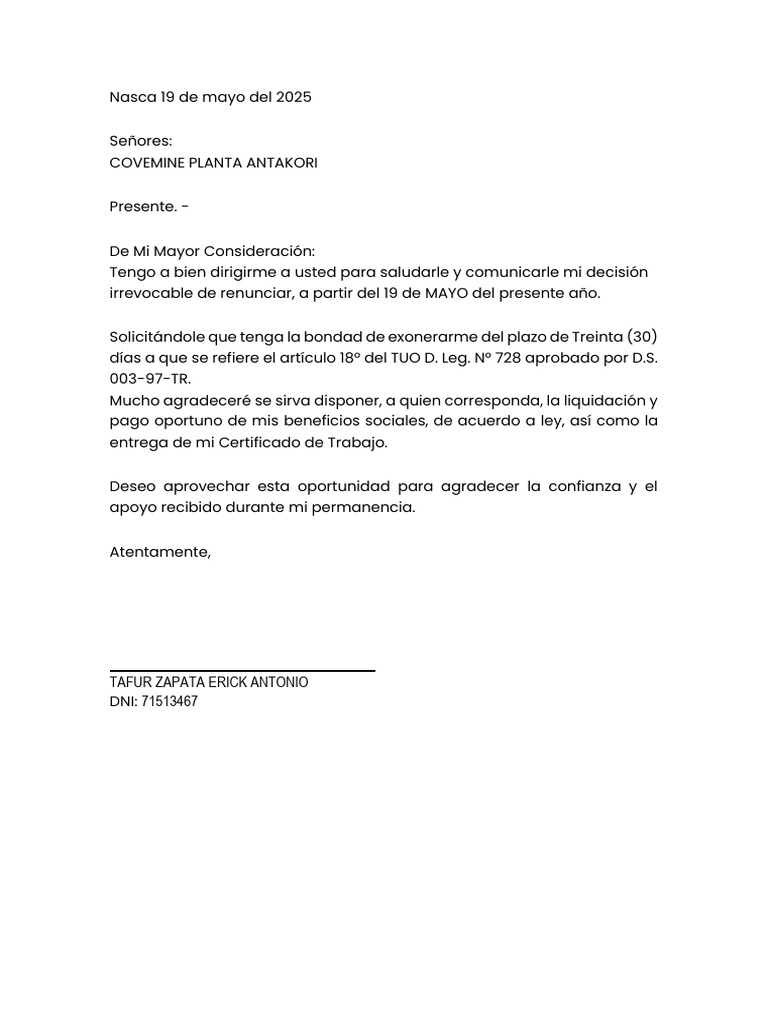 Carta de Renuncia Tafur Zapata Erick Antonio | PDF