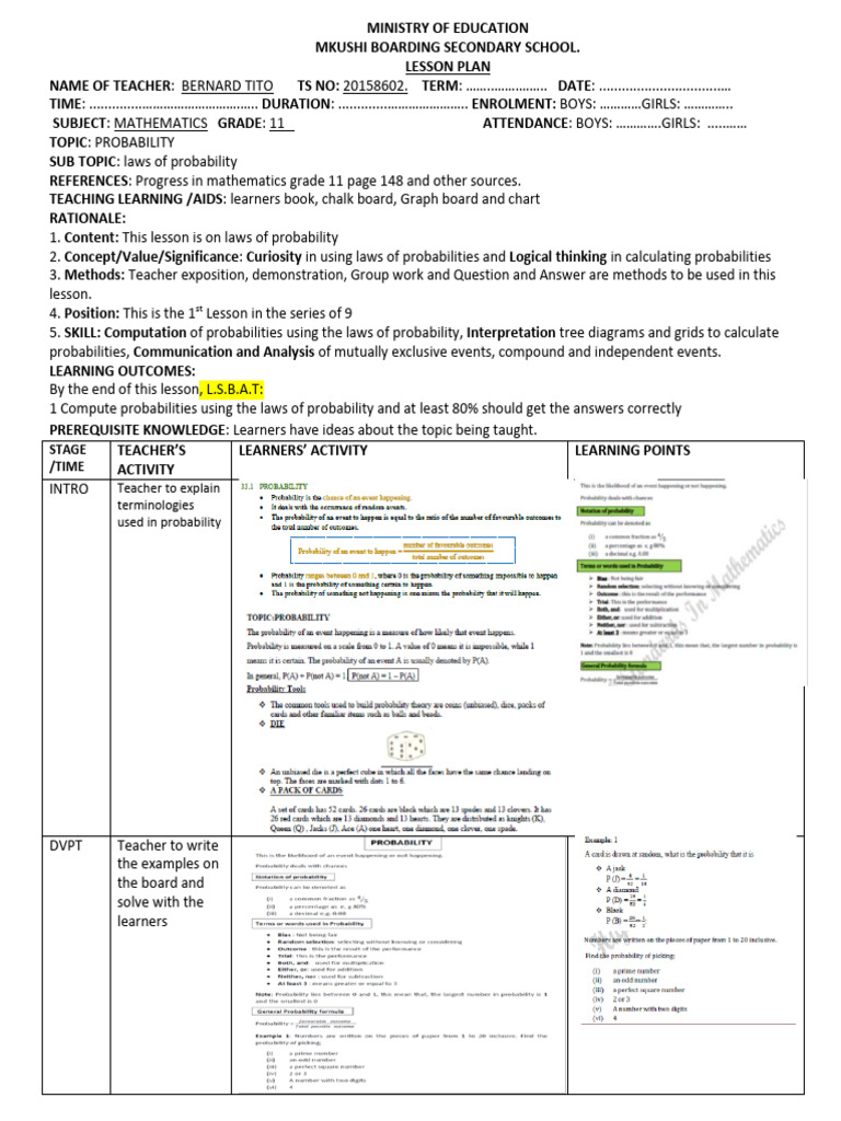 Probability Grade 11 Lesson Plans | PDF | Probability | Teachers