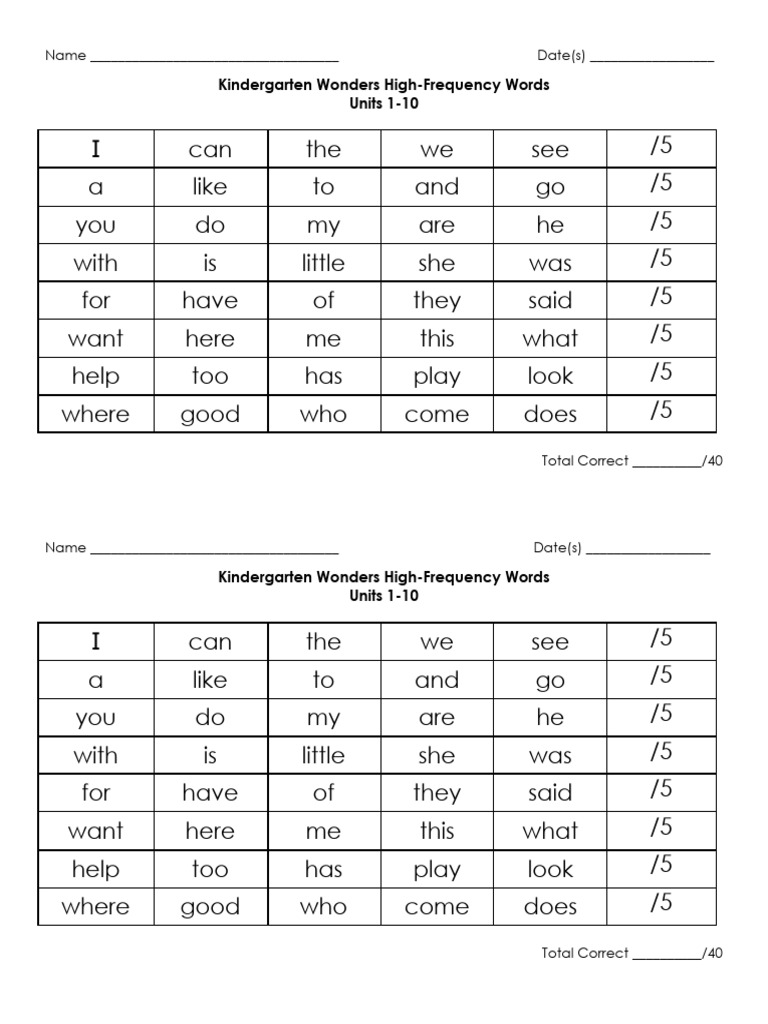 Wonders Kindergarten High-Frequency Word Tracker | PDF