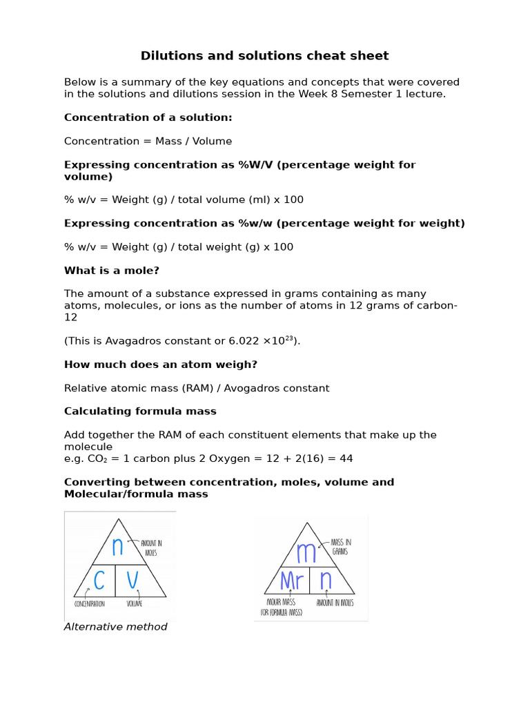 Dilutions and Solutions Cheat Sheet | PDF