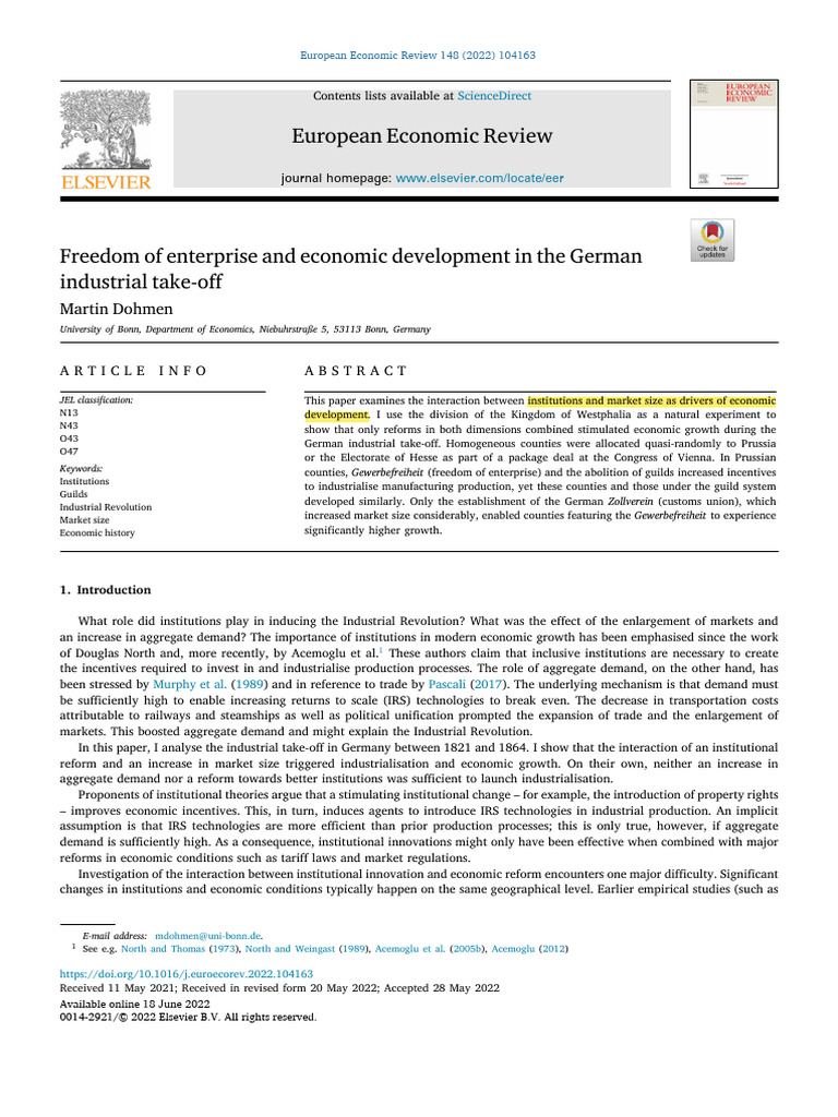 Freedom of Enterprise and Economic Development in The German Industrial ...
