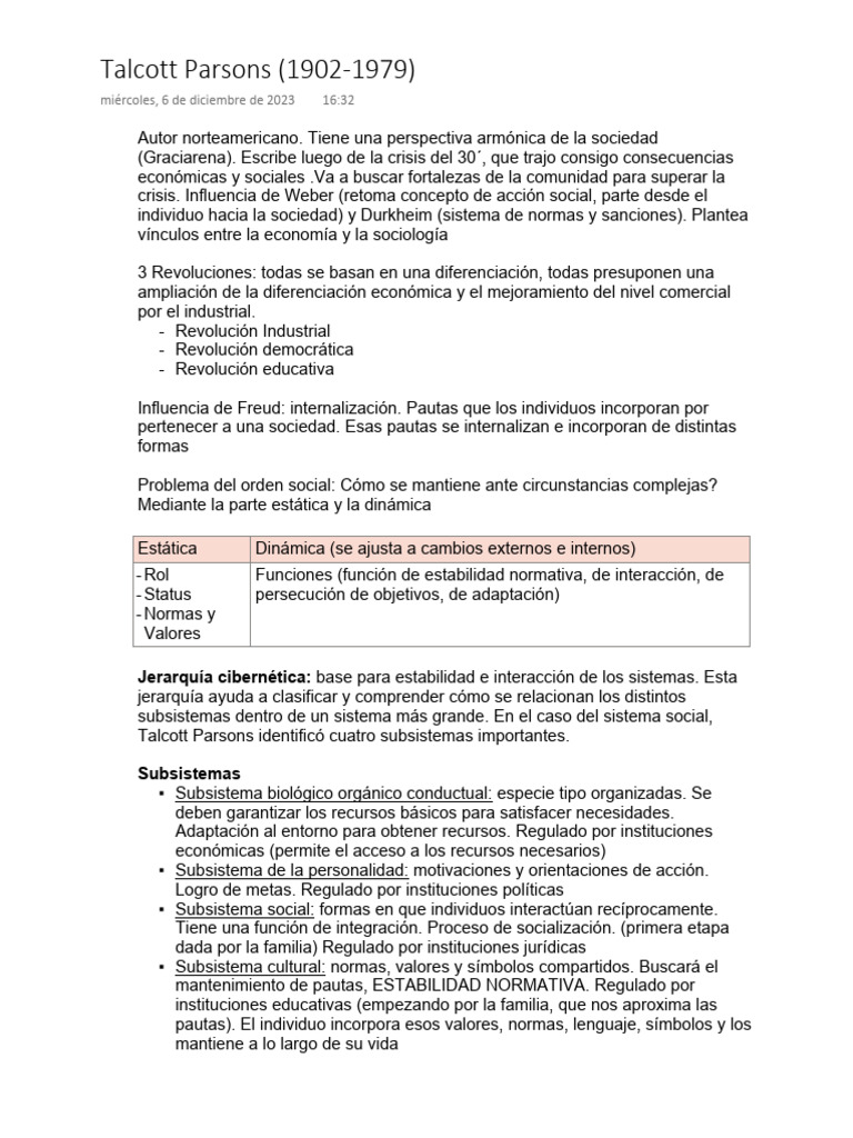 Resumen Parsons | PDF | Science | Teorías sociológicas