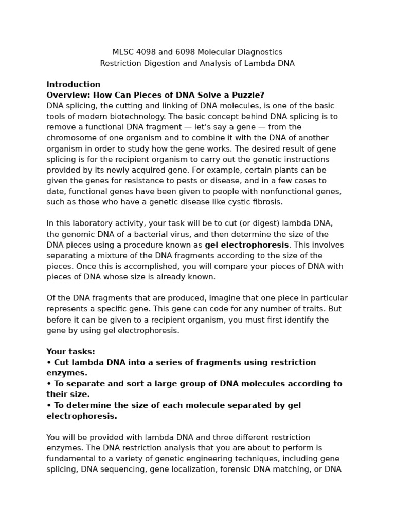 Lambda Restriction Digest Introduction - Entrance Ticket | PDF | Gel ...