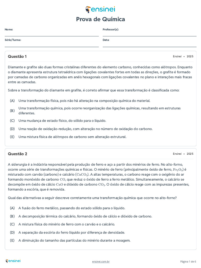 Prova de Química | PDF | Propriedades da água | Refrigeração