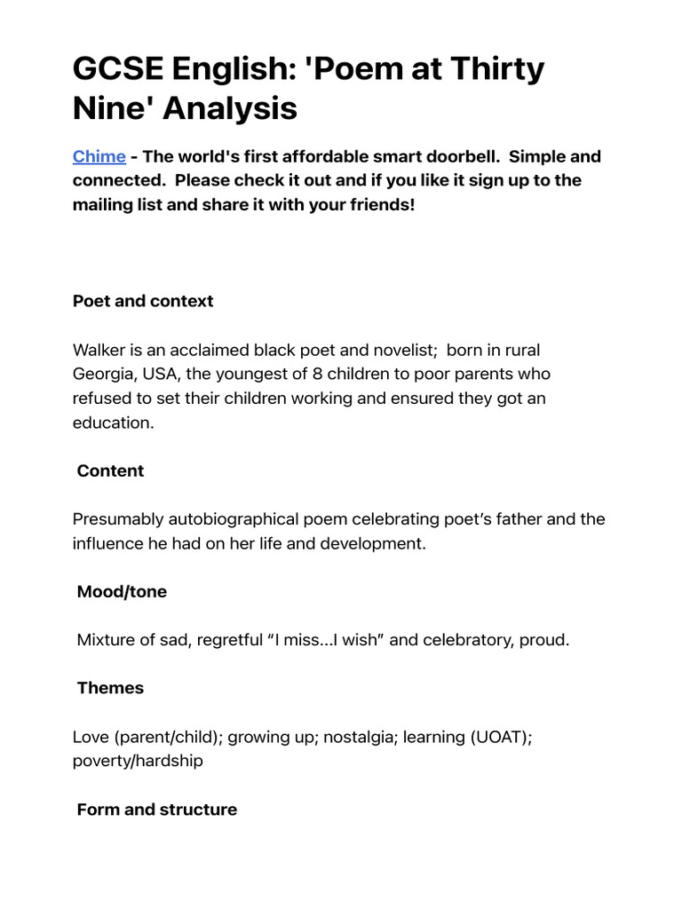 GCSE English - 'Poem at Thirty Nine' Analysis - Graducation | PDF ...