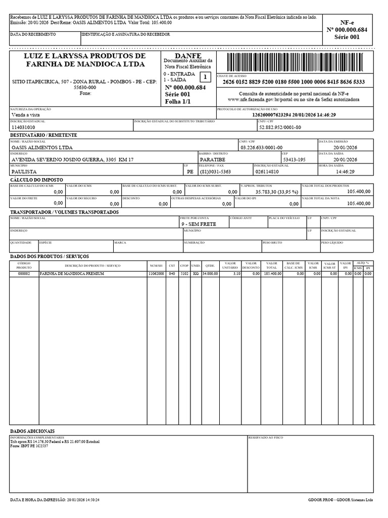 NOTA OASIS ALIMENTOS LTDA N 684 | PDF | Recibo
