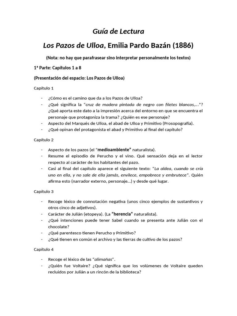 Guía de Lectura Los Pazos de Ulloa. Emilia Pardo Bazán. 3 | PDF
