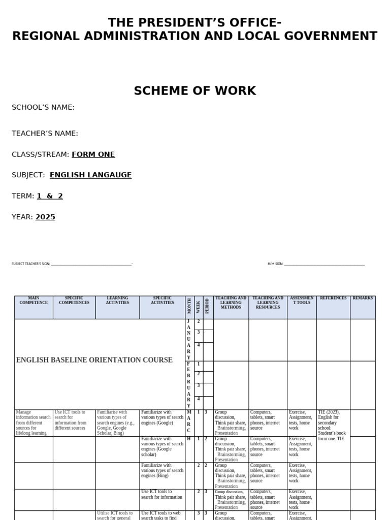 Scheme - English - Form - I (1) 2025 | PDF | Communication | Vocabulary