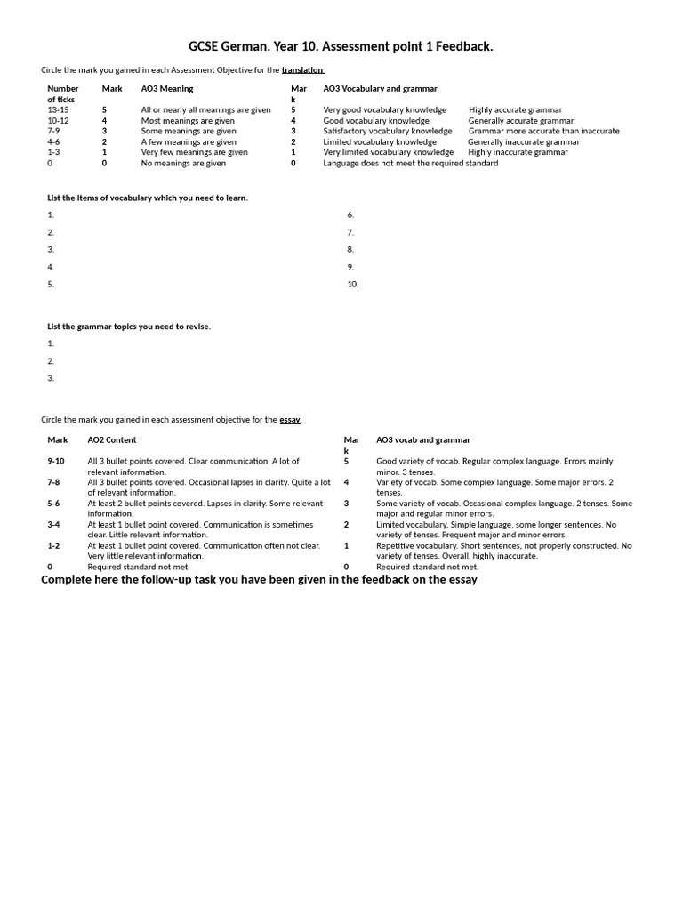 GCSE German Assessment feedback sheet (1) (1) | PDF | Vocabulary ...