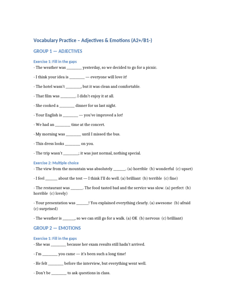 Vocabulary Exercises Adjectives Emotions | PDF