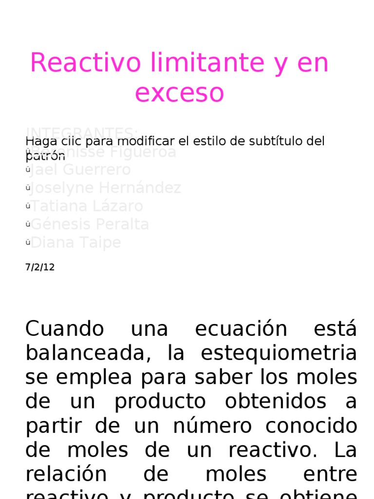 Reactivo Limitante y en Exceso | PDF | Ingeniería de Reacción Química ...
