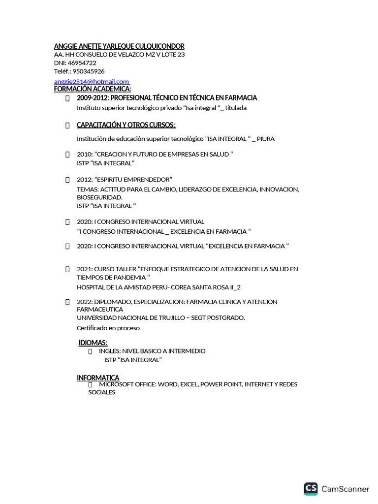 Cv Farmacia Anggie Yarleq | PDF | Farmacia | Medicina