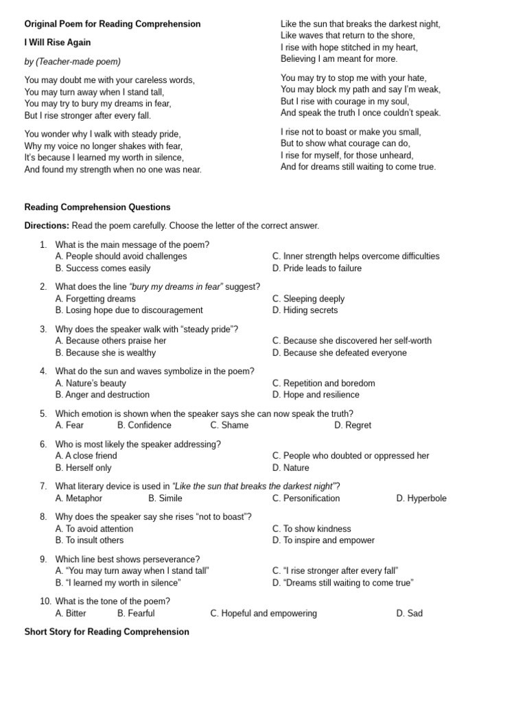 Original Poem For Reading Comprehension | PDF | Athena