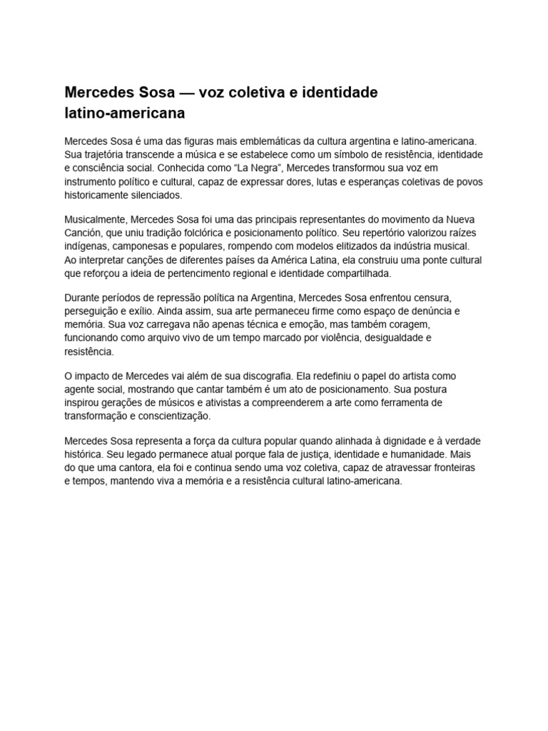 Mercedes Sosa — Voz Coletiva e Identidade Latino-Americana | PDF