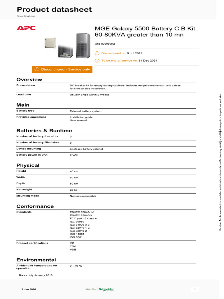 PES Schneider Electric Galaxy-5500 G55TD6080K2 | PDF