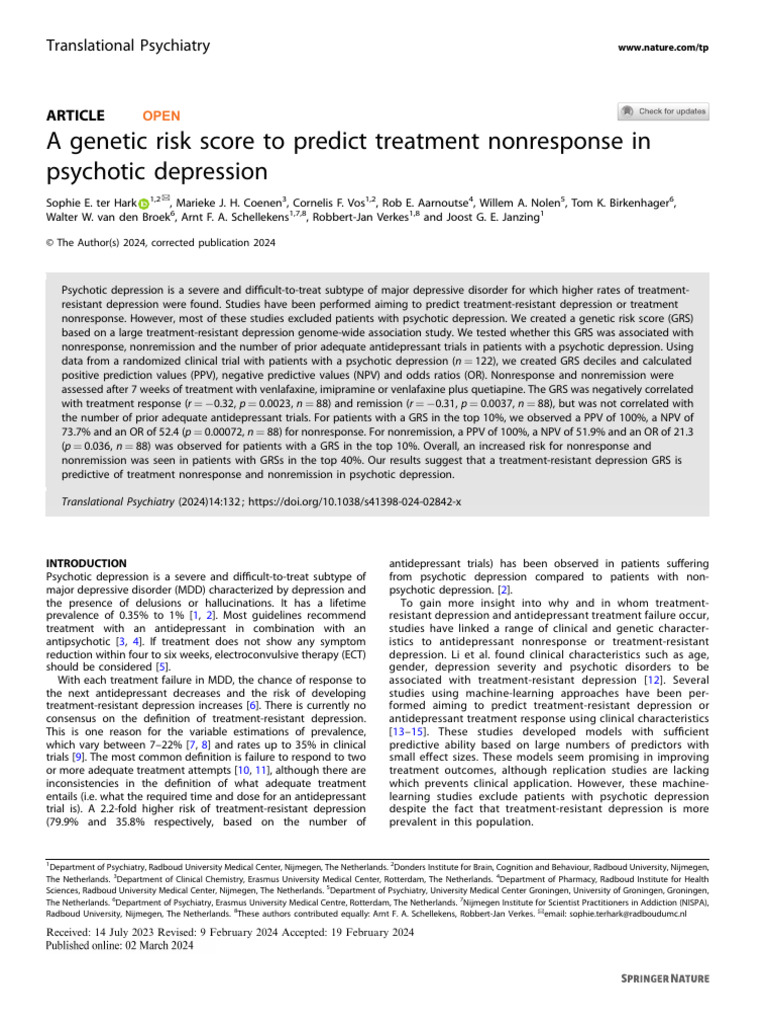 A Genetic Risk Score To Predict Treatment Nonresponse in | PDF | Major ...