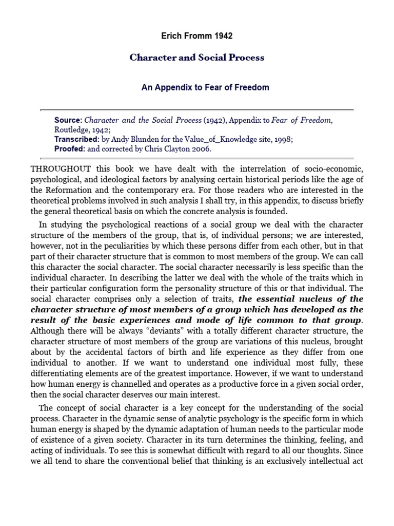 Frankfurt School- Character and Social Process. Erich Fromm 1942 | PDF ...