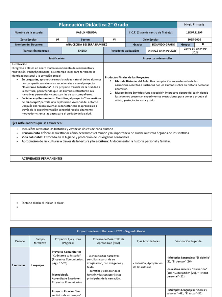 Planeacion Enero Segundo Grado | PDF | Aprendizaje