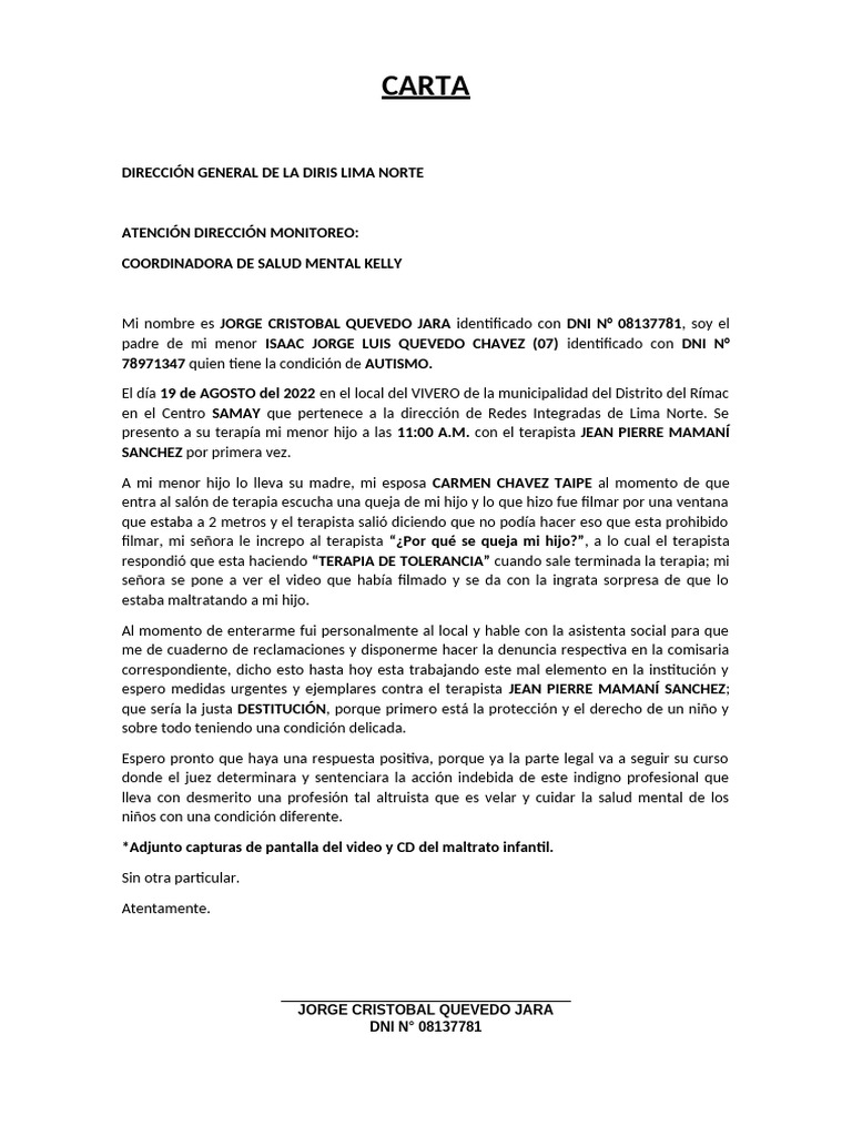 Carta Jorge Cristobal Quevedo Jara | PDF