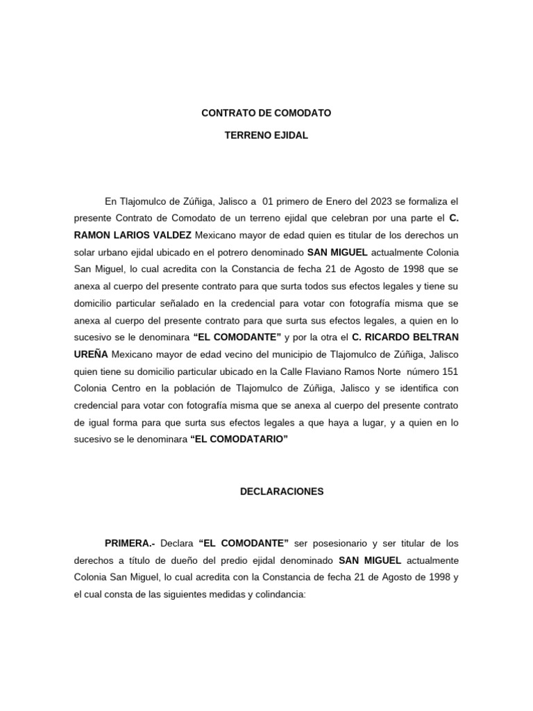Contrato de Comodato Solar Ejidal Armando Tlajomulco | PDF