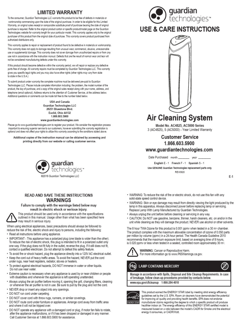 Guardian AC4825 - AC5000 - Manual - 0920 | PDF | Ultraviolet | Air ...