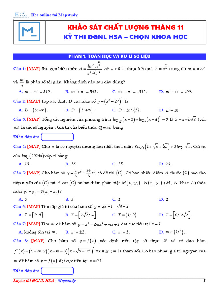 Đề Kscl Tháng 11 - Kì Thi Đgnl Hsa - Chọn Khoa Học | PDF
