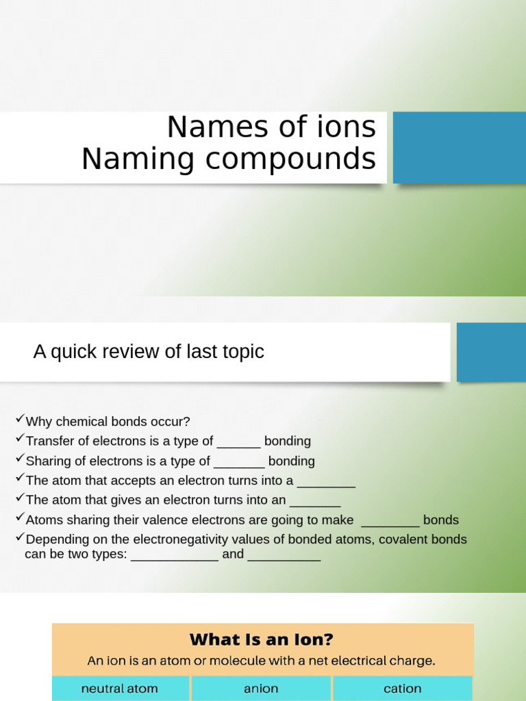 Names of ions, naming compounds | PDF | Chemical Compounds | Ion