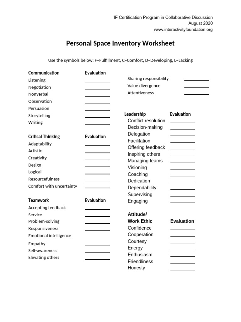Personal Space Inventory Worksheet | PDF | Social Psychology | Psychology