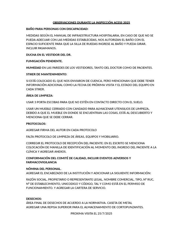 Observaciones Durante La Inspección Acess 2025 | PDF