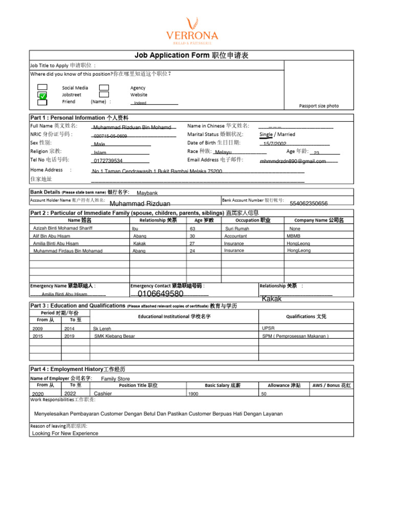 Verona Job Application Form 2024 | PDF