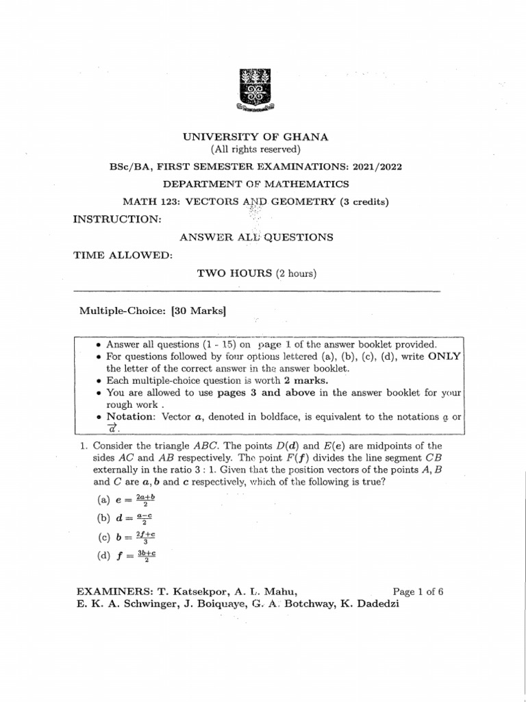 MATH 123 Vectors and Geometry | PDF | Euclidean Vector | Algebra